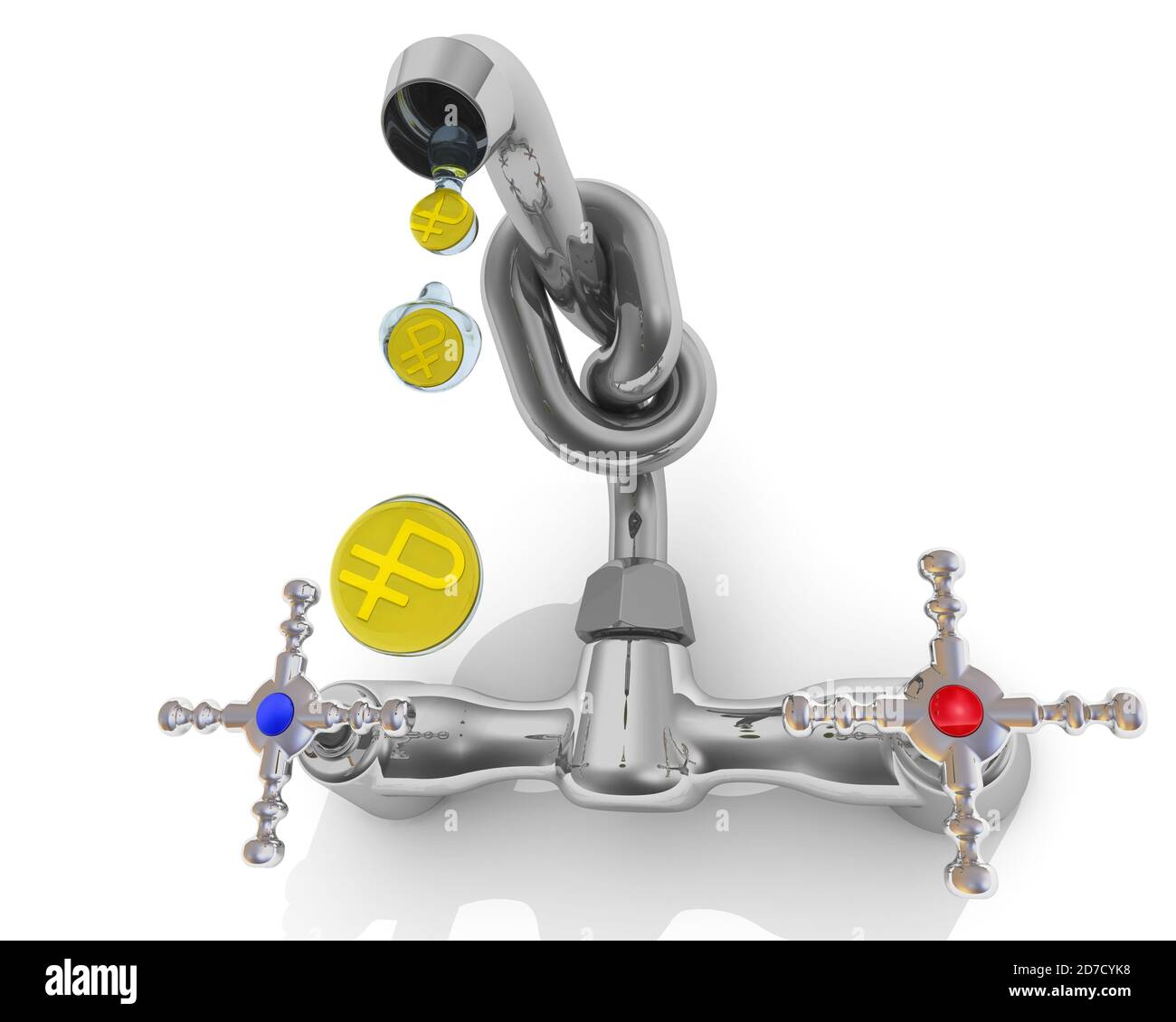 Dripping water tap with Russian coins. Falling drops from a water tap ...