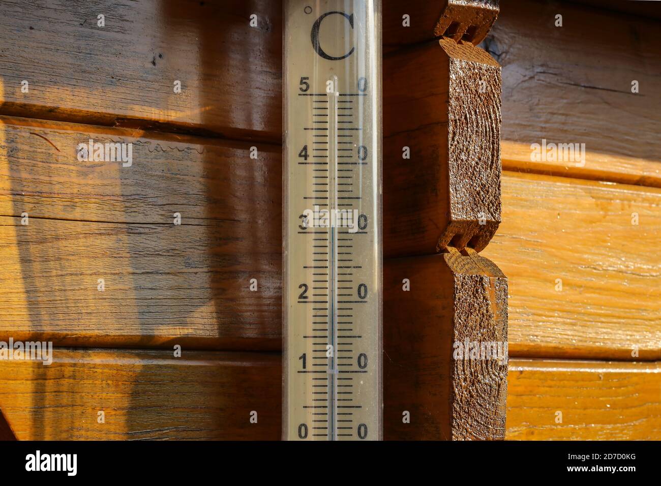 Closeup of an outdoor thermometer attached to a wooden cabin wall Stock ...