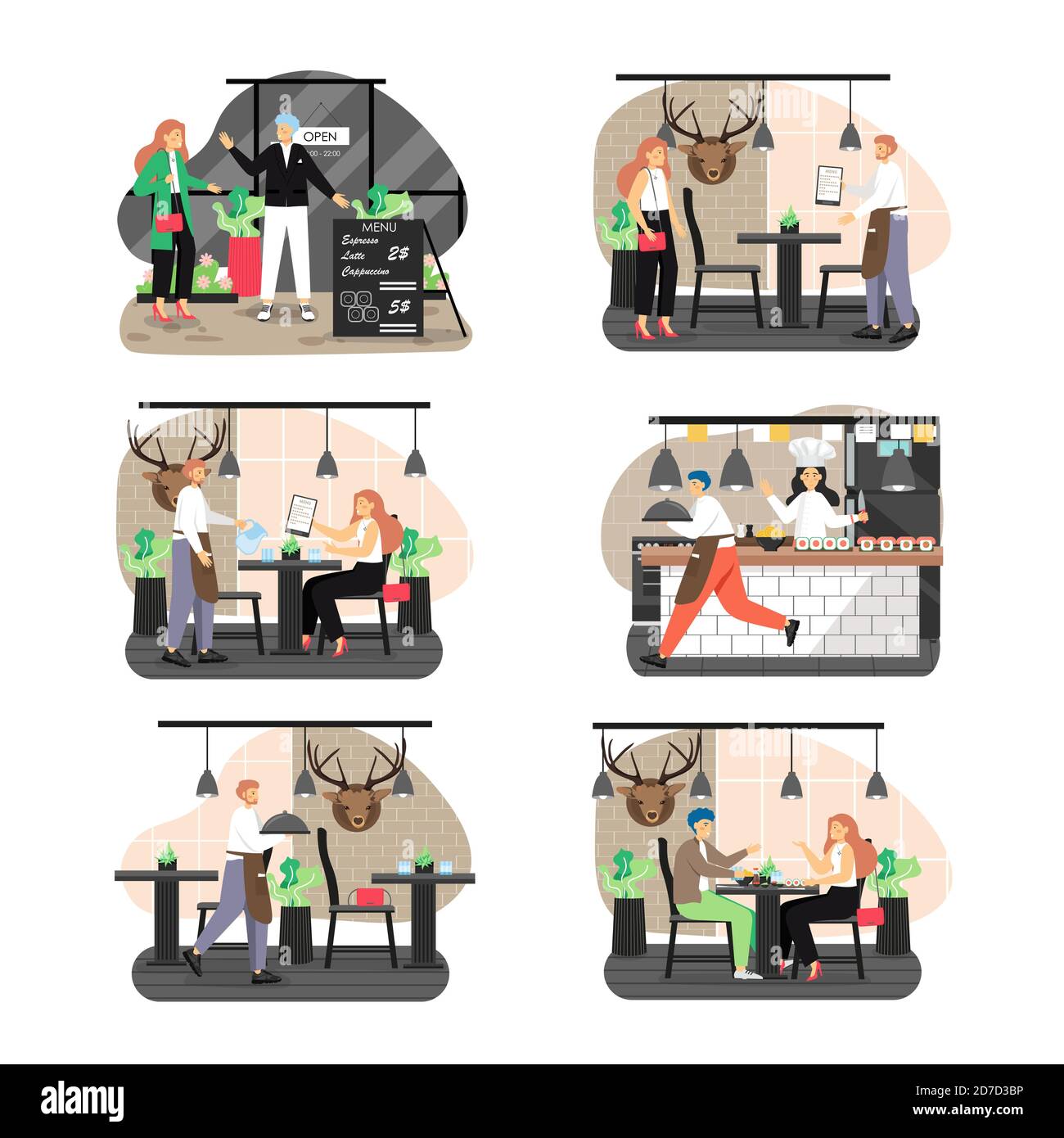 Restaurant scene set, flat vector isolated illustration. Sushi bar ...