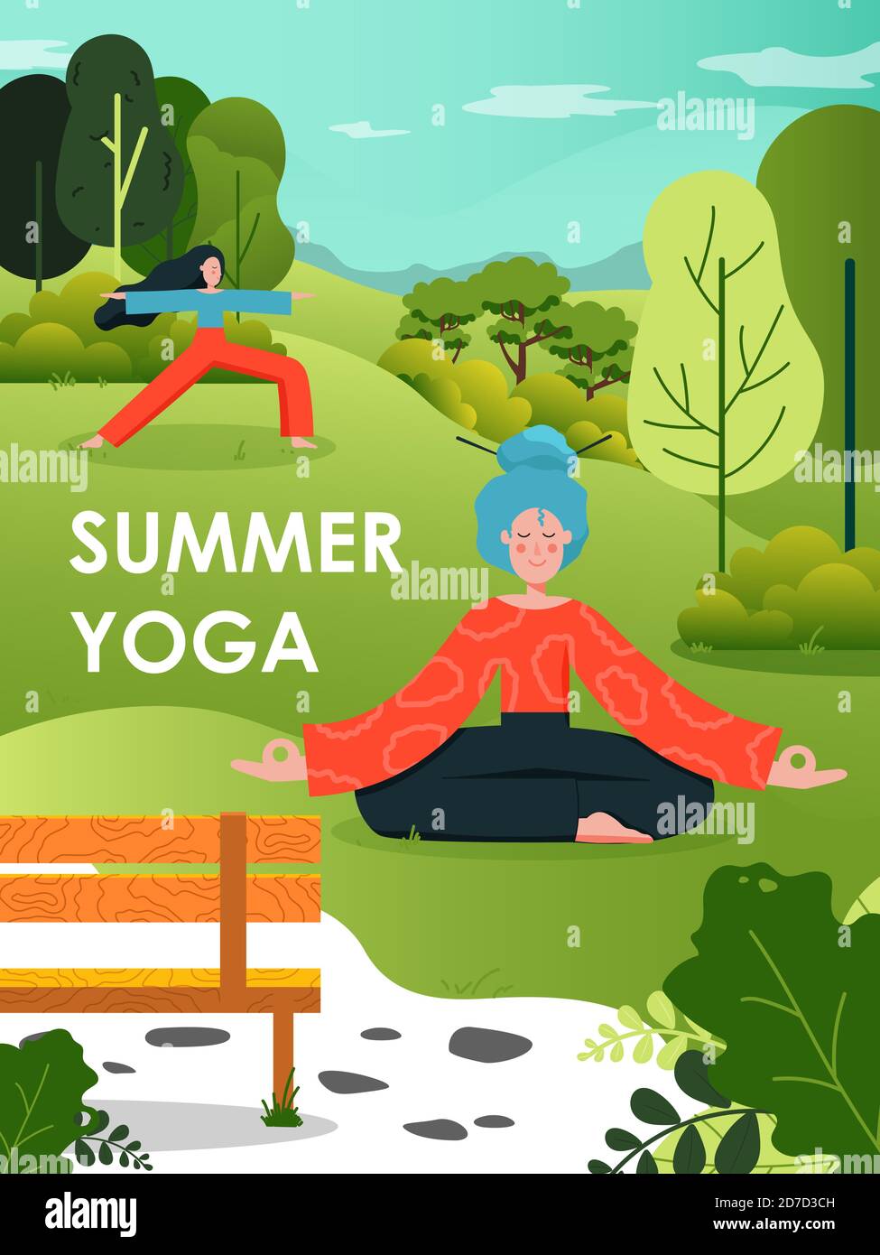 Summer yoga poster design template, flat vector illustration. Healthy ...