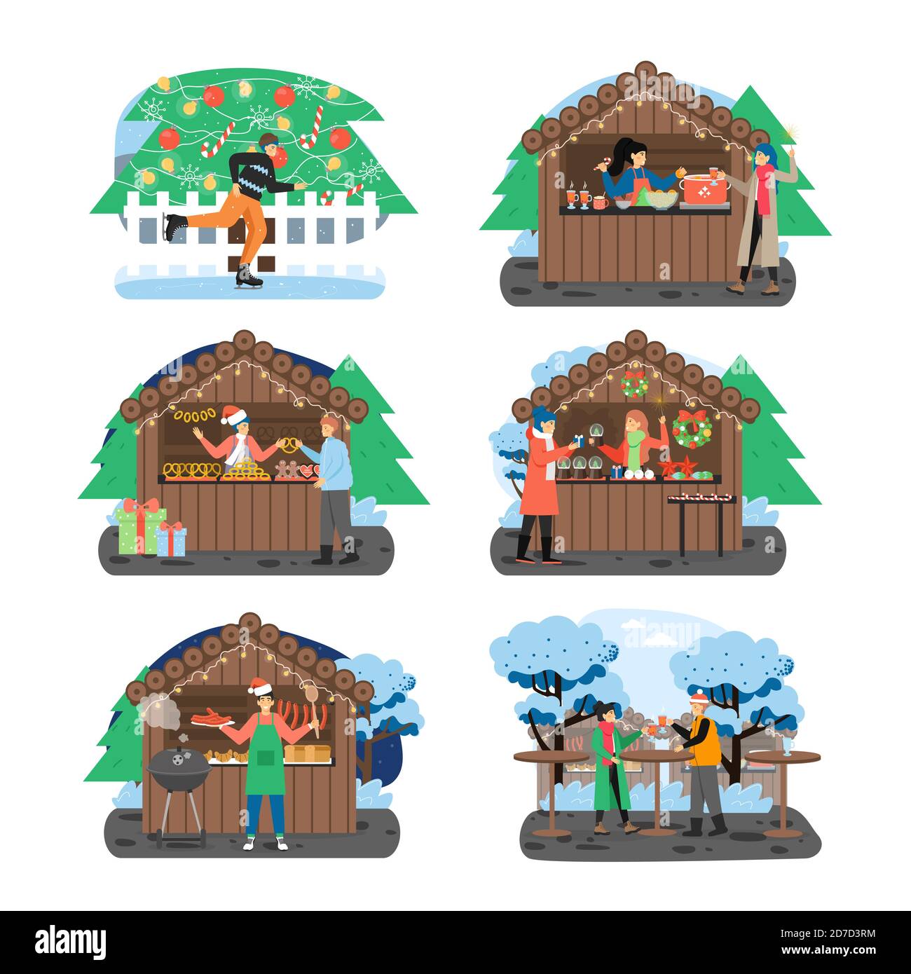 Christmas fair set, flat vector illustration. Christmas tree, street ...