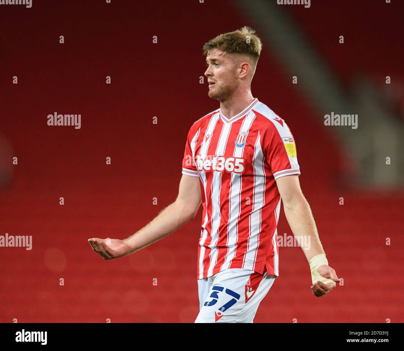 Nathan Collins (37) of Stoke City pleads his innocence before receiving ...