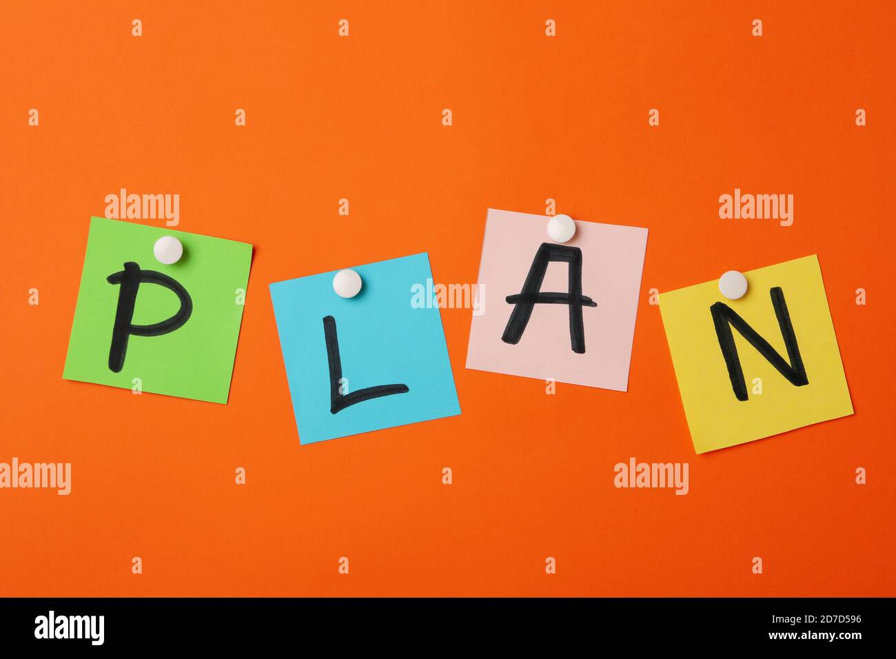 Sticky notes with text Plan on orange background Stock Photo - Alamy