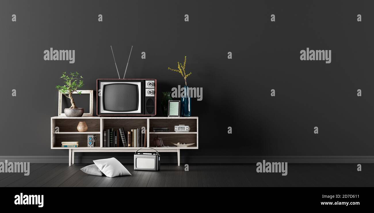 Classic retro black interior design of living room 3d Render 3d ...