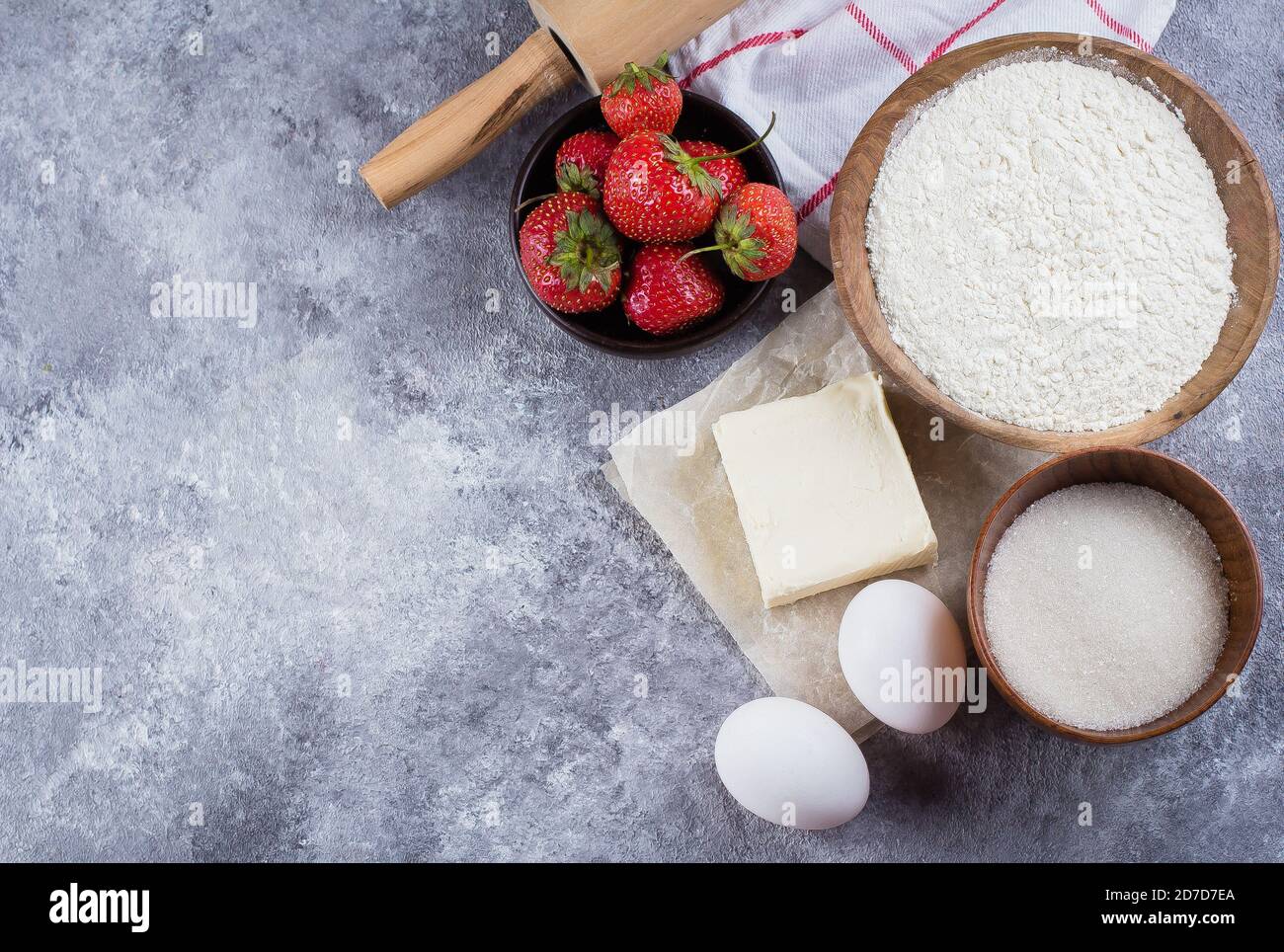Baking ingredients for cake, pie, shortbread pastry: flour, eggs, sugar ...