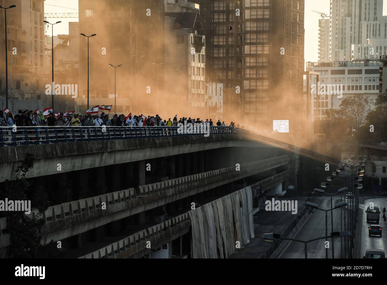 Beirut, Lebanon, 17 October 2020. Sunbeams light up a cloud of dust ...