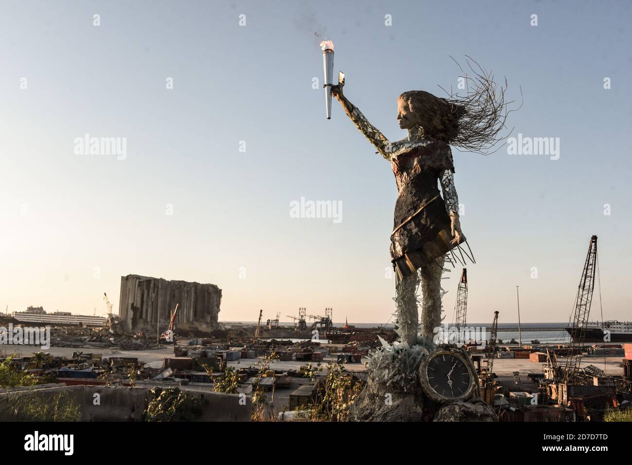 Beirut, Lebanon, 17 October 2020. A statue of a woman made by Lebanese ...