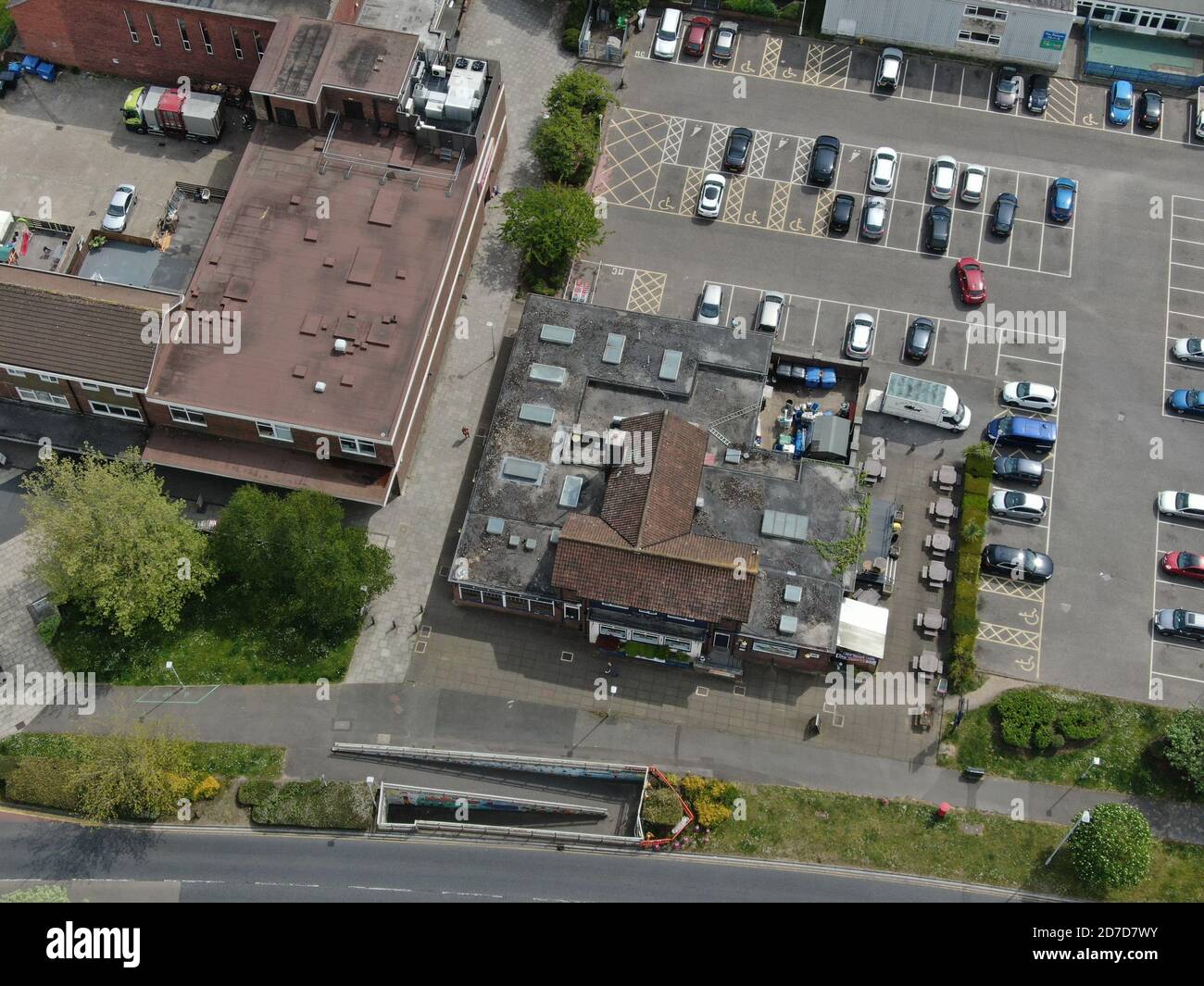 aerial view of small shopping precinct and car park Stock Photo - Alamy