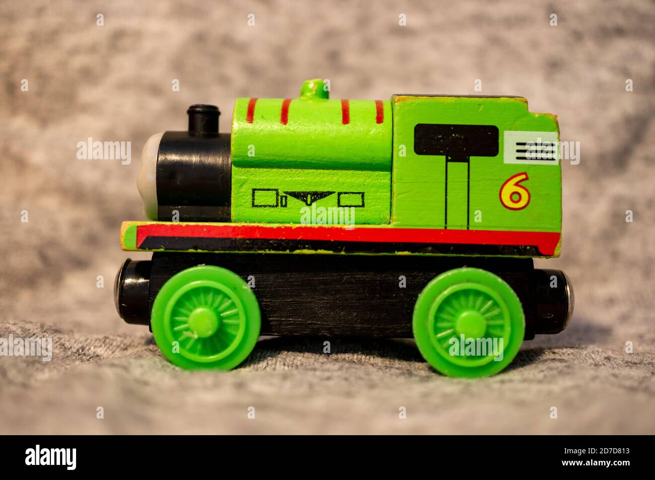 POZNAN, POLAND - Oct 18, 2020: Wooden green Peter toy model train from ...