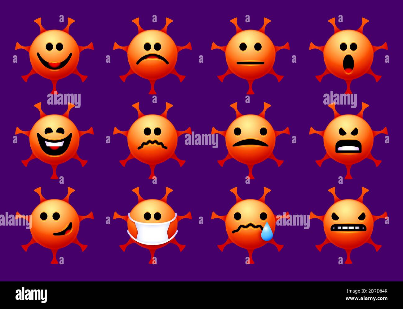 Set of coronavirus themed emoji with smiling and angry virus covid-19 ...