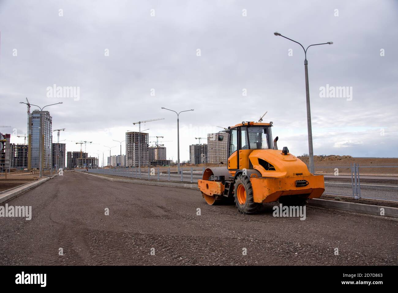 Soil Compactor at construction site. Vibration single-cylinder road ...