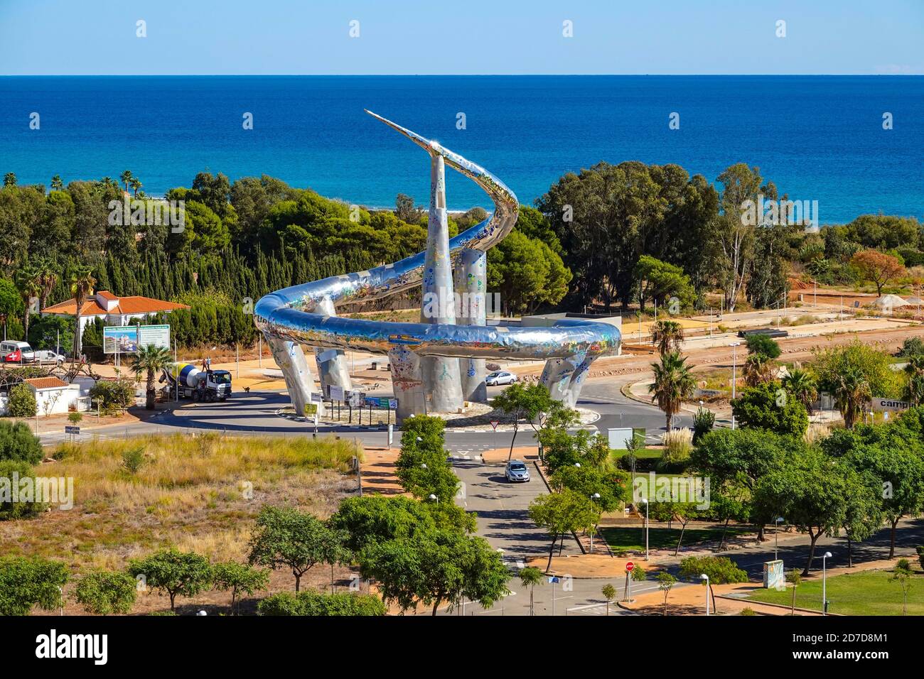 Big shiny metal sculpture, artwork on a roundabout, Orpesa, Orpesa del ...