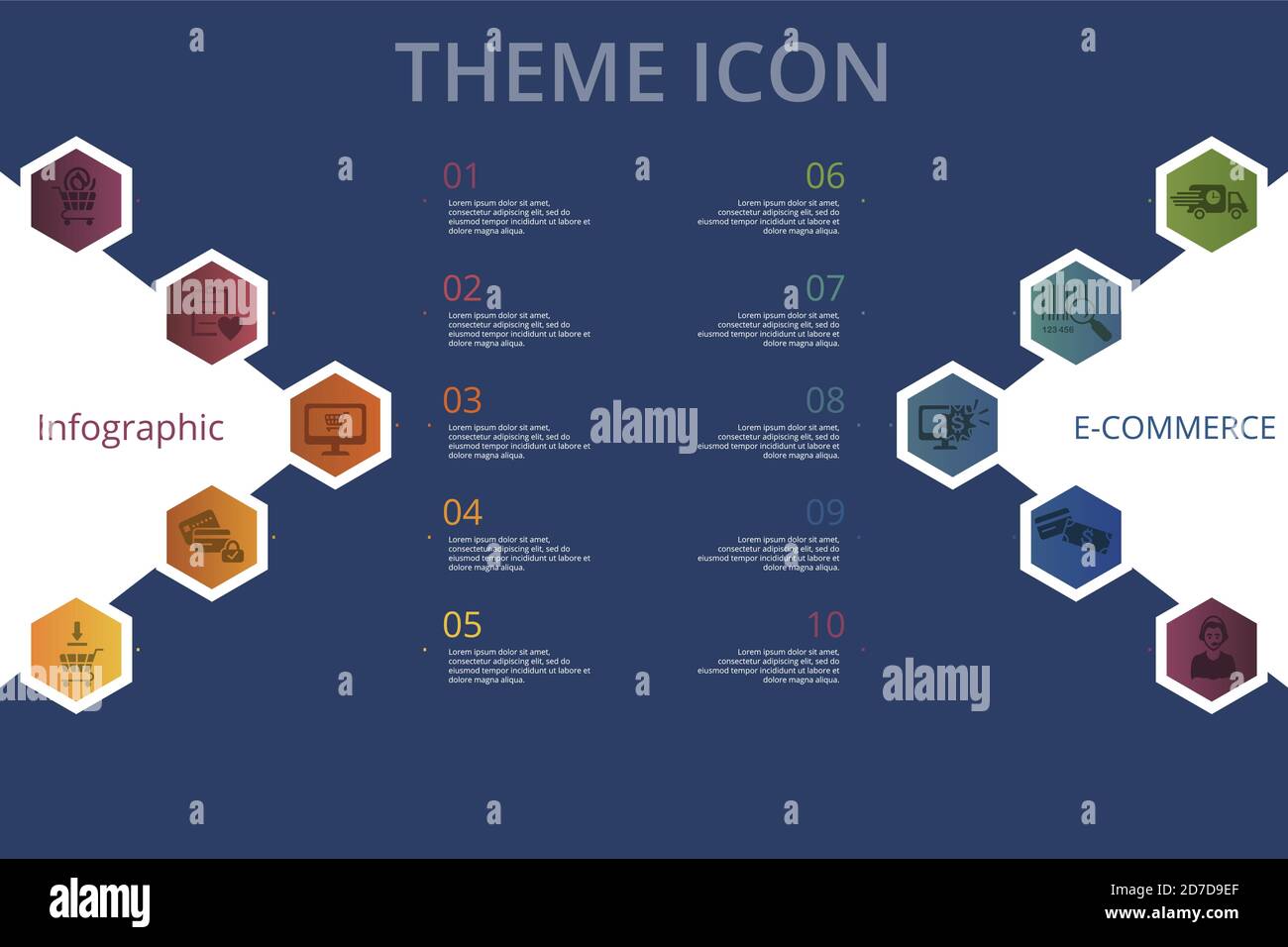 Infographic E-Commerce template. Icons in different colors. Include E ...