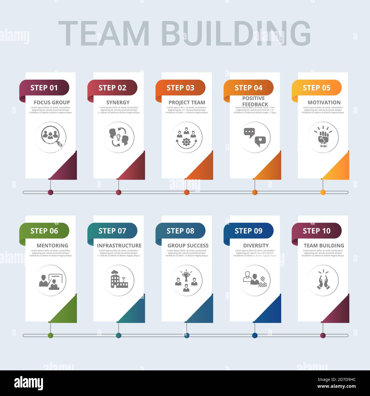 Infographic Team Building template. Icons in different colors. Include ...