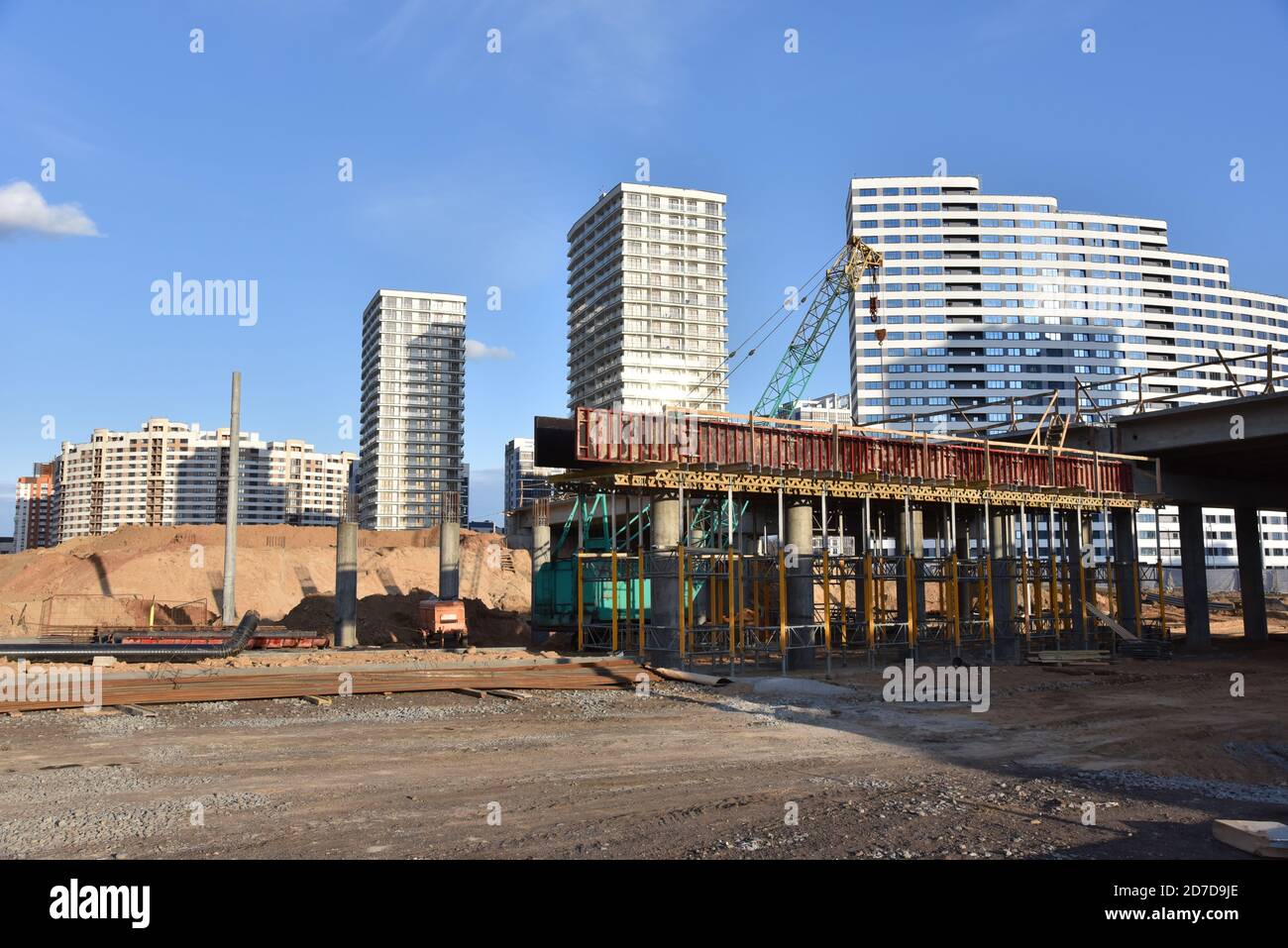 Roundabout and traffic bridge construction. Construction highway ramps ...