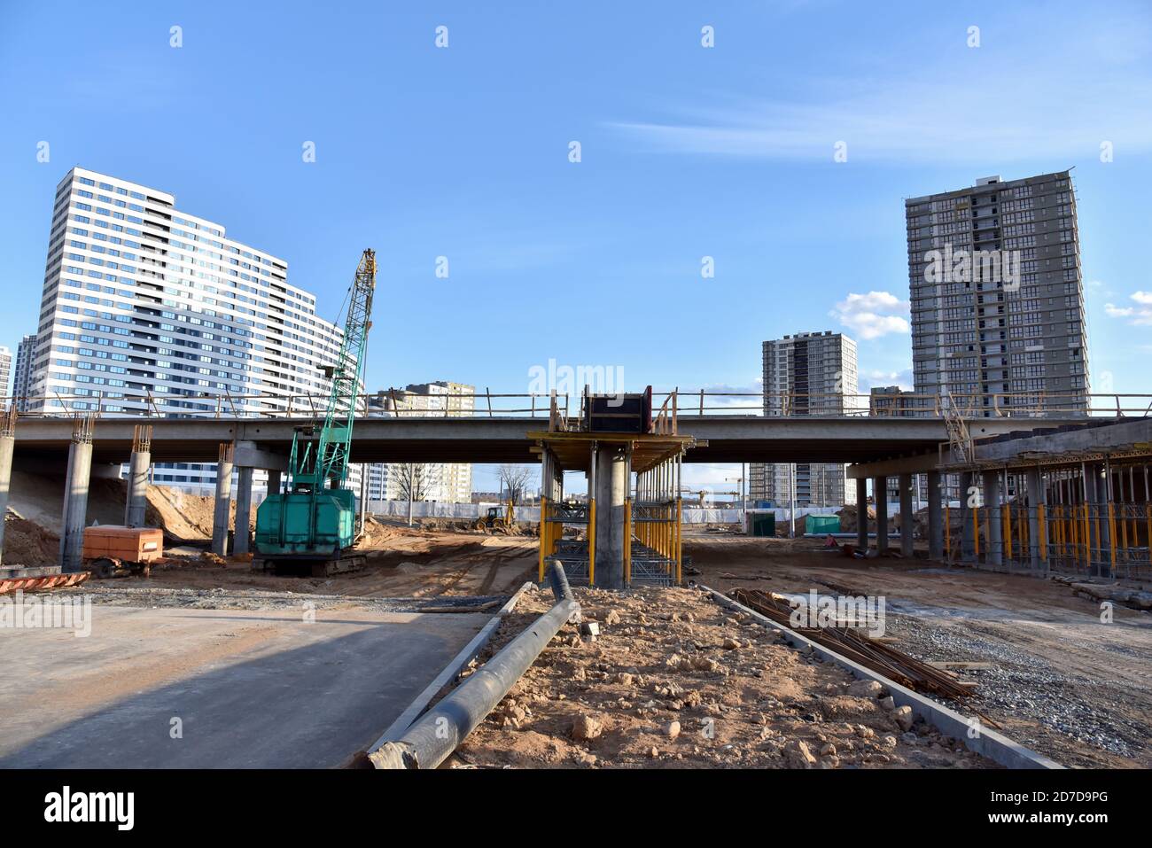 Roundabout and traffic bridge construction. Construction highway ramps ...