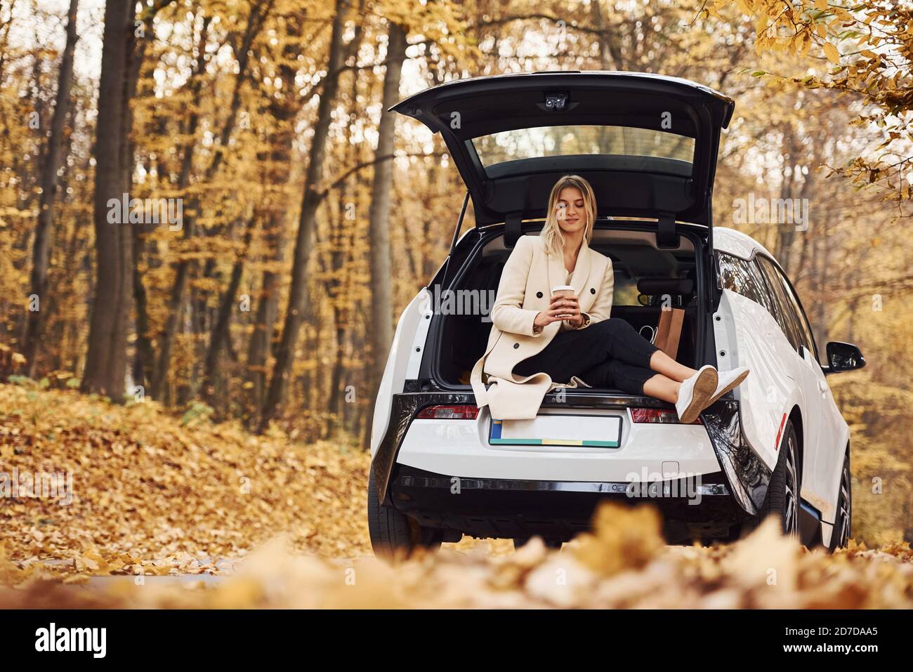 Girl sits on the back of car. Modern brand new automobile in the forest ...