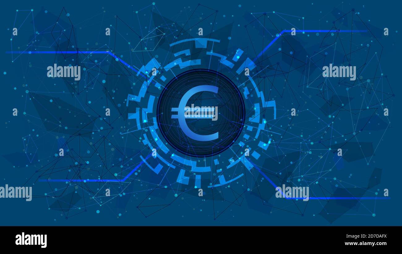 Euro EUR coin symbol in circle with digital theme on blue background ...