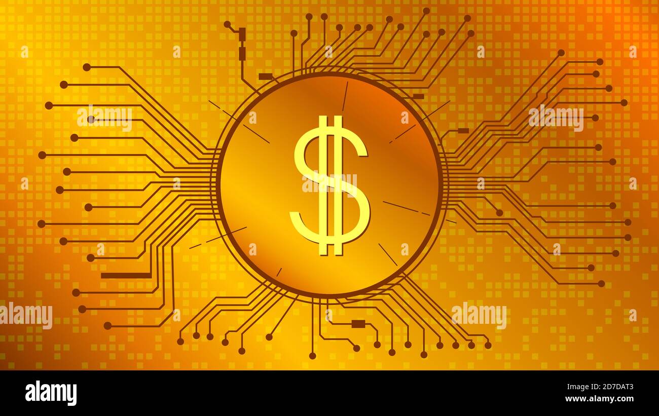 Dollar USD coin symbol in circle with PCB tracks on gold background ...