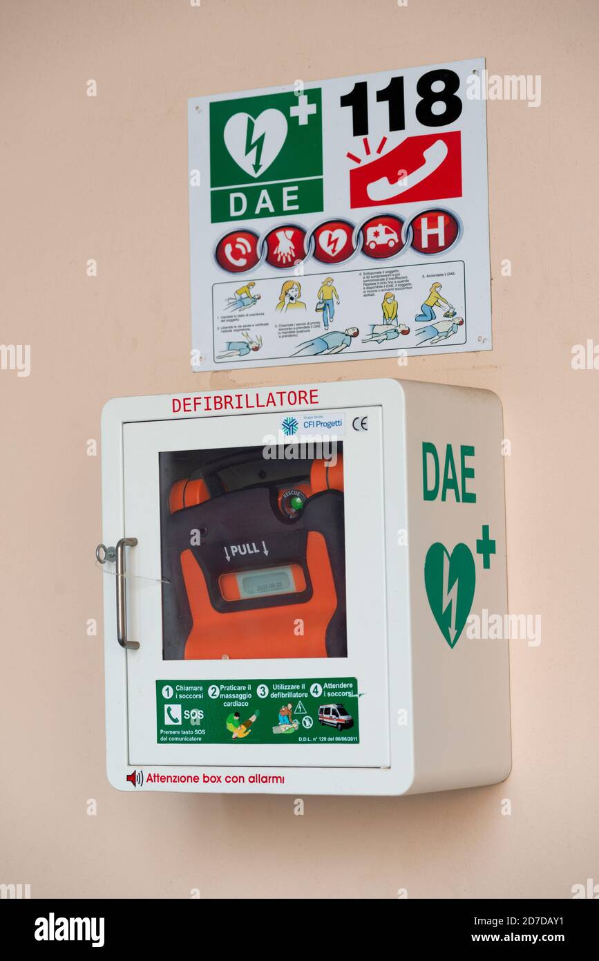 Italy, Lombardy, Defibrillator on a Wall For Cardiac Emergency Stock ...