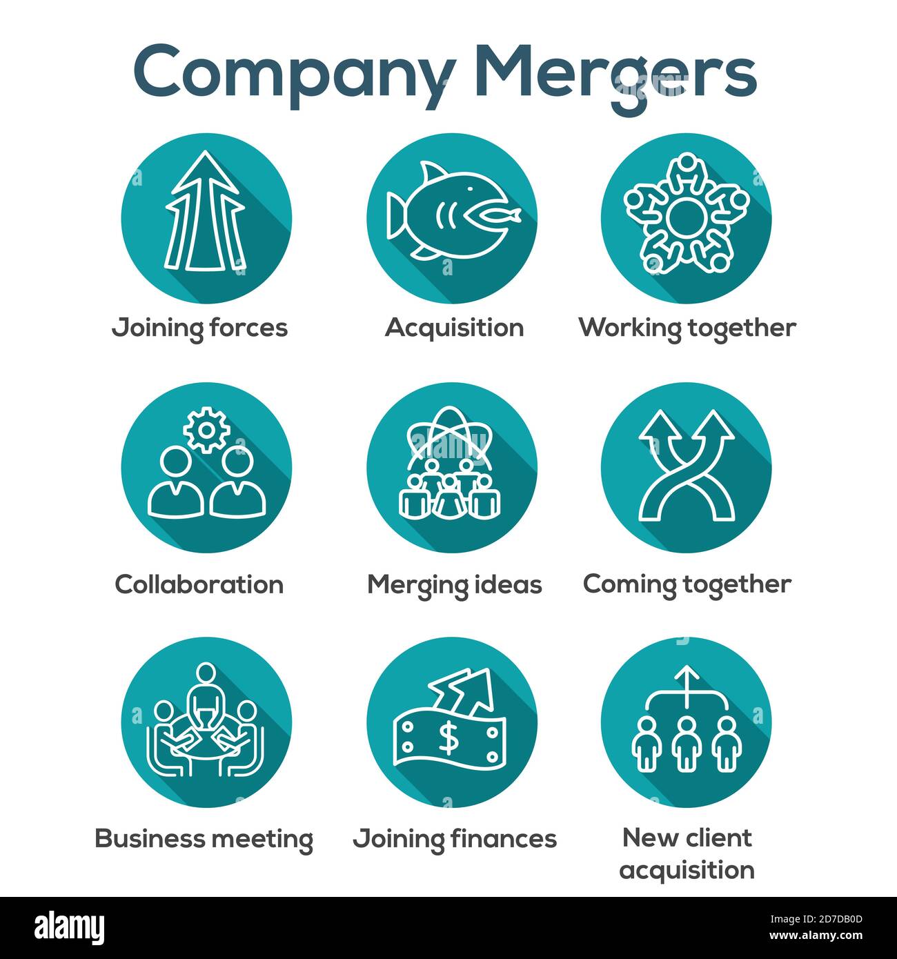 Companies merging together, one buying out the other & icon set banner ...