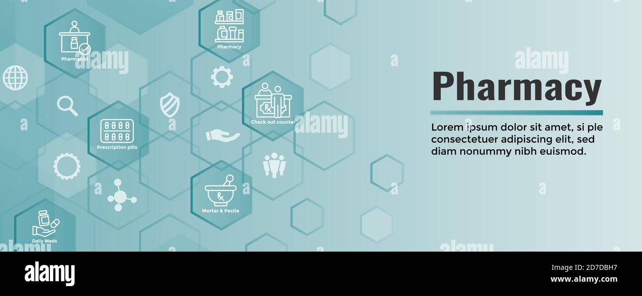 Pharmaceuticals & medications icon set with web header banner Stock ...