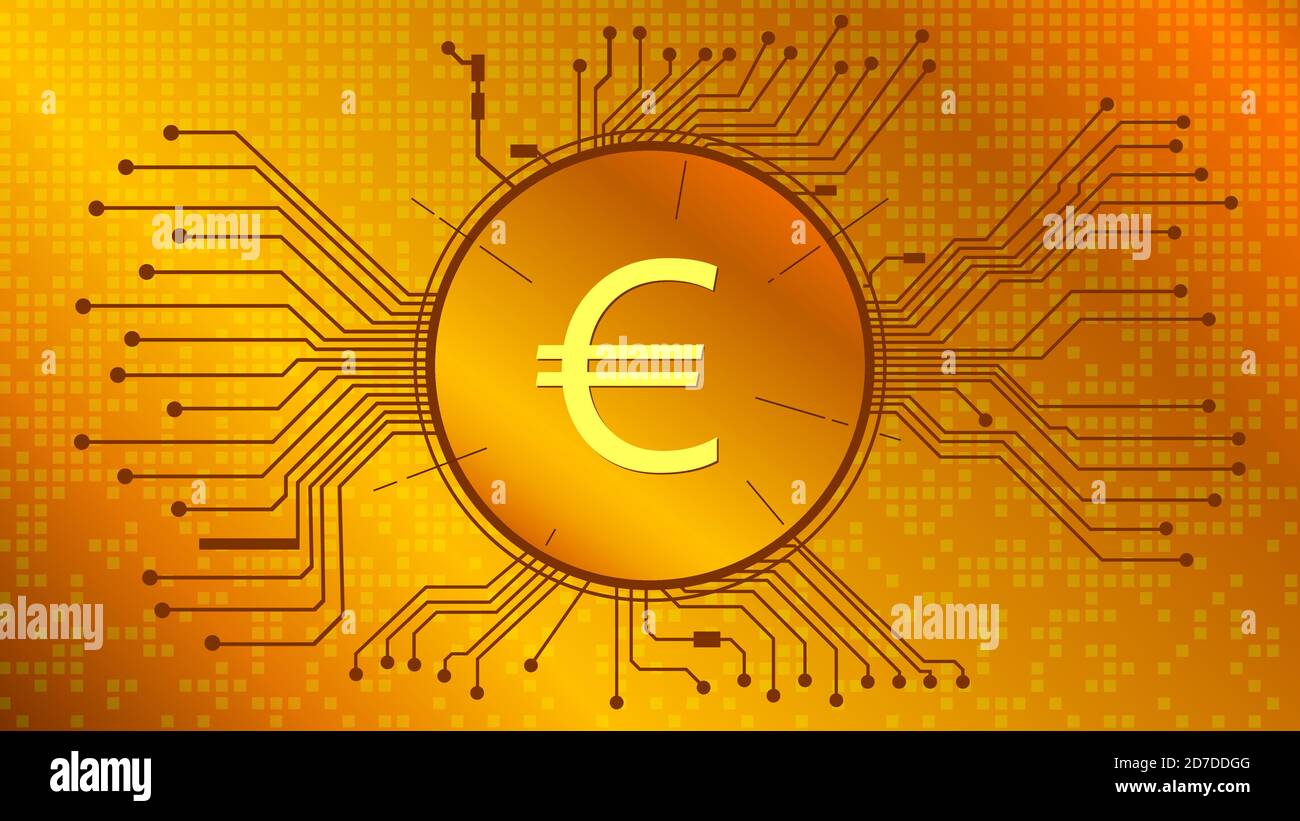Euro EUR coin symbol in circle with PCB tracks on gold background ...