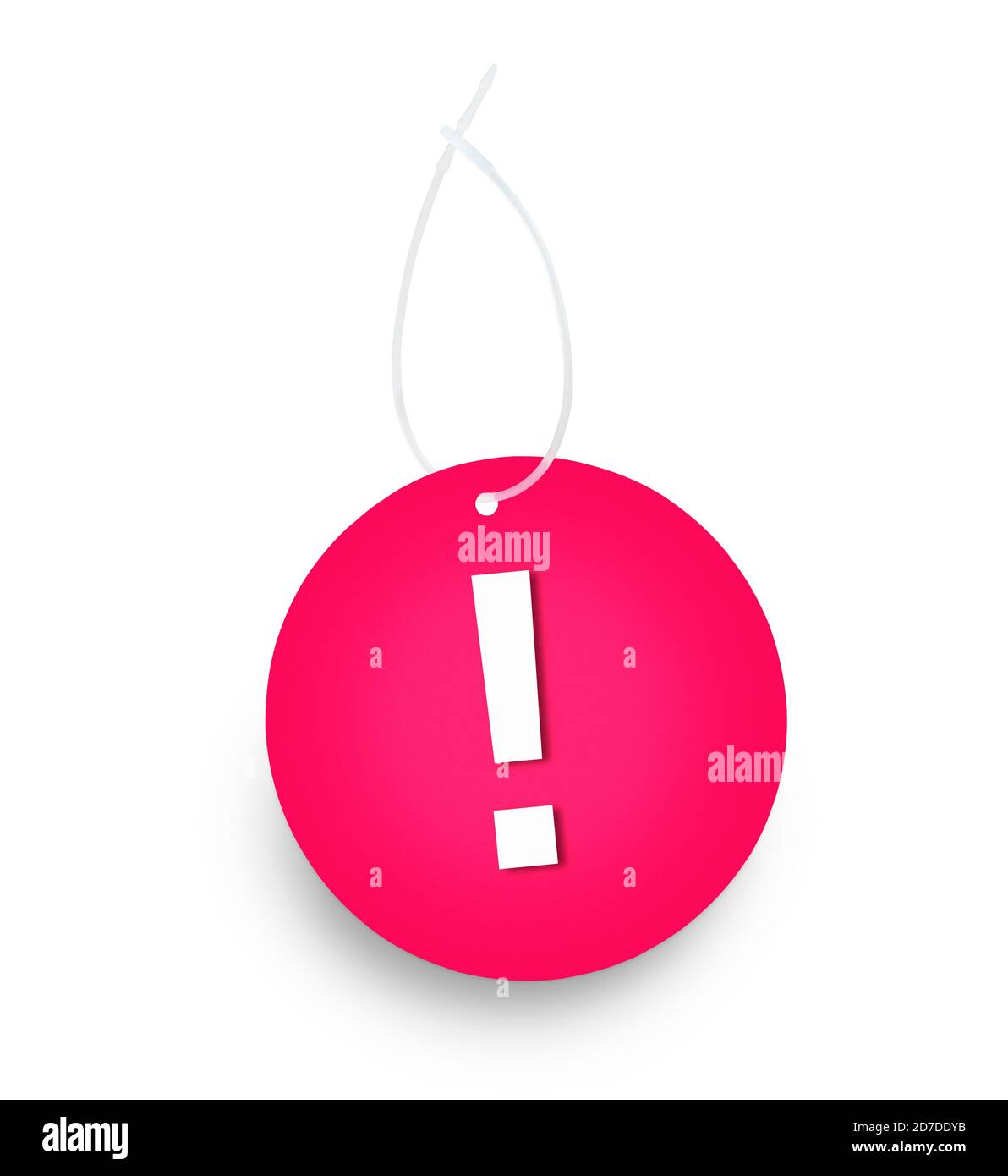 Red color tag with exclamation mark sign. Hanging against white ...
