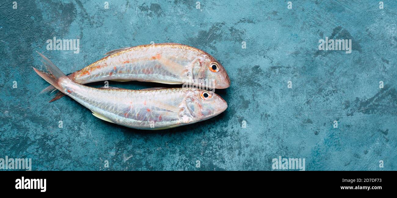 Fresh red mullet. Sultan fish on a blue background Stock Photo - Alamy
