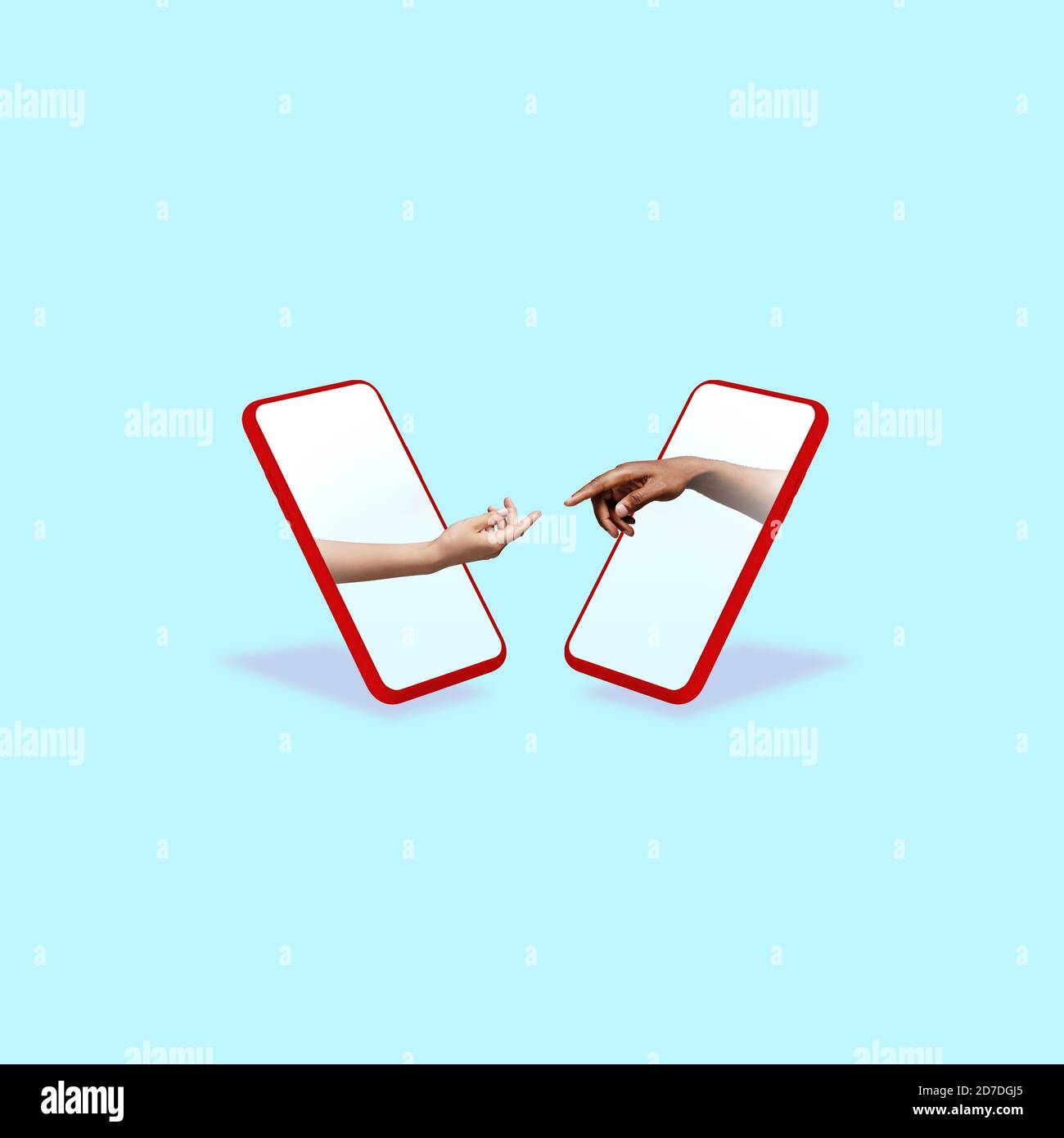 God's touch. Hands gesturing through screens of mobile phones against ...