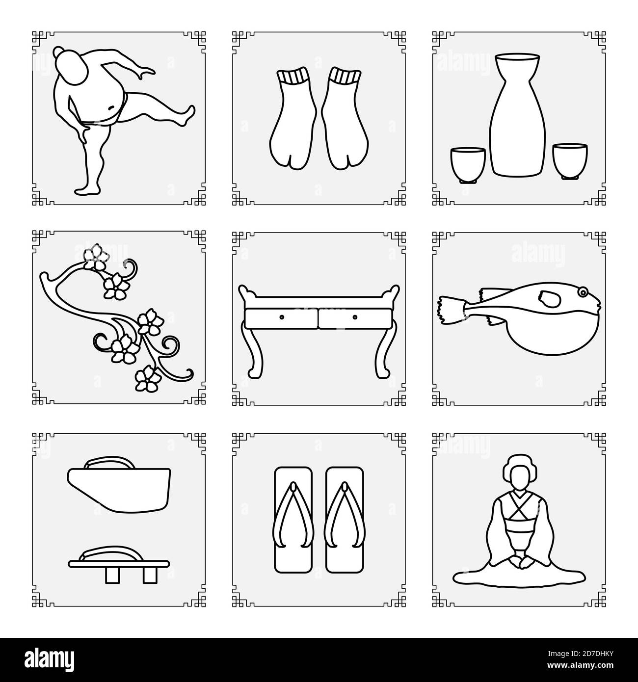 Symbols of Japanese culture. Asian woman in kimono, sumo athlete, sake ...
