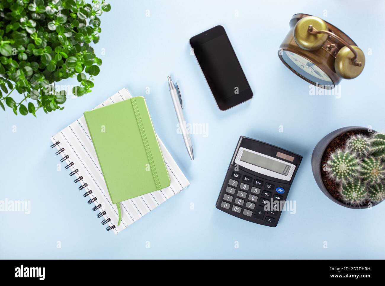 home office text desk with smartphone notebook houseplants, working ...