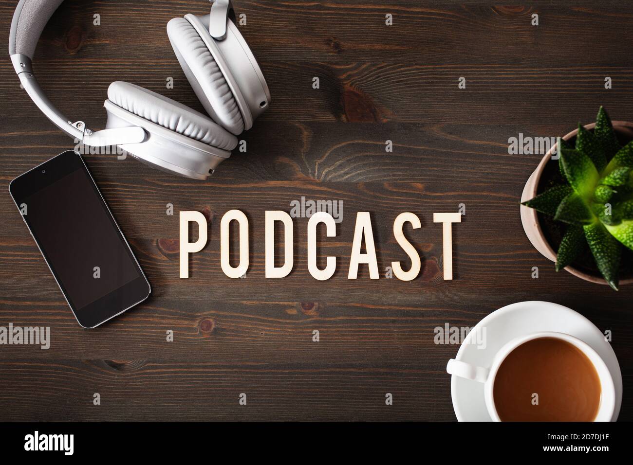 podcast word text concept modern wireless headphones smartphone Stock ...