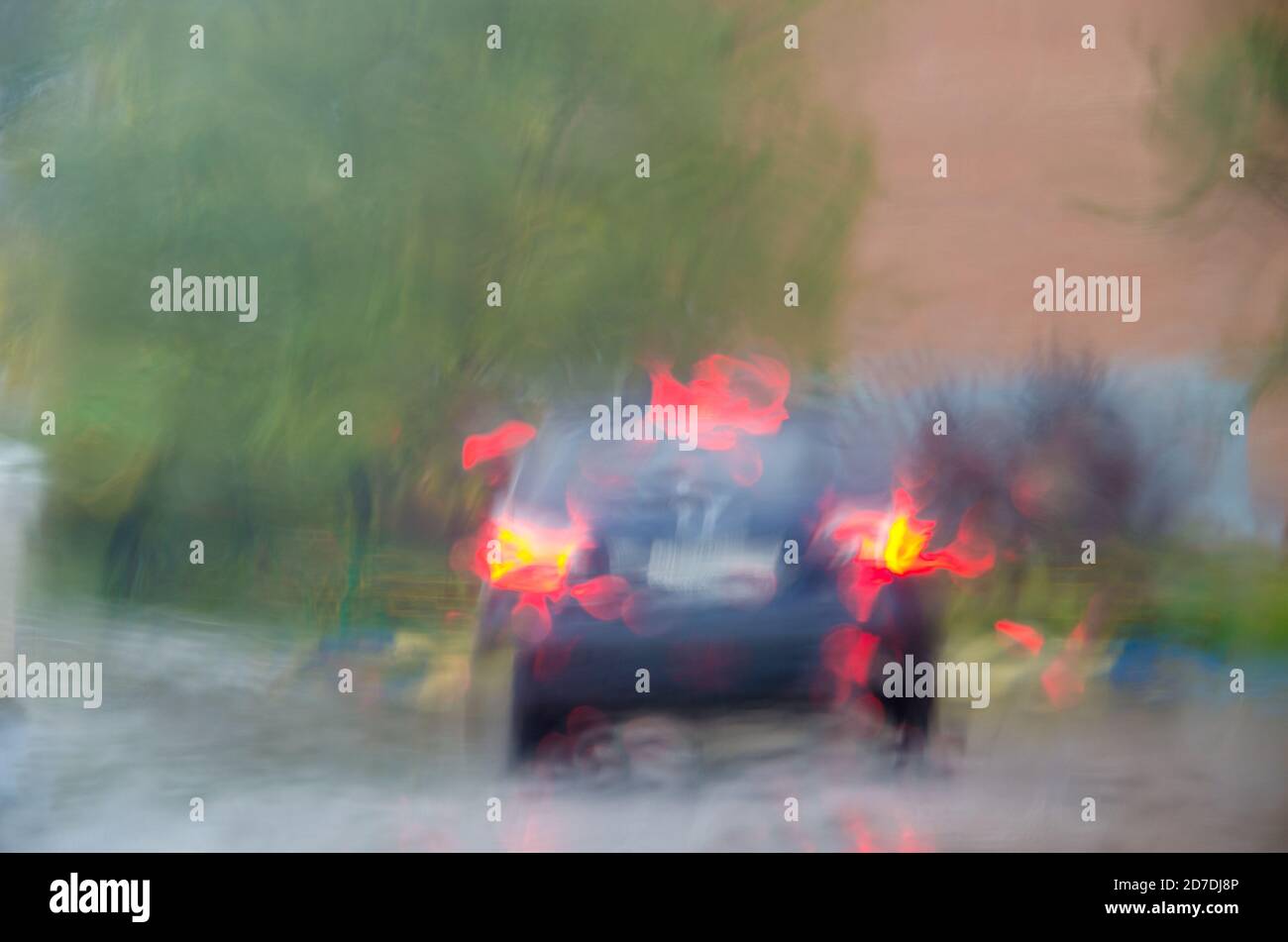 Adverse driving conditions.Heavy rain.View through car windshield Stock ...