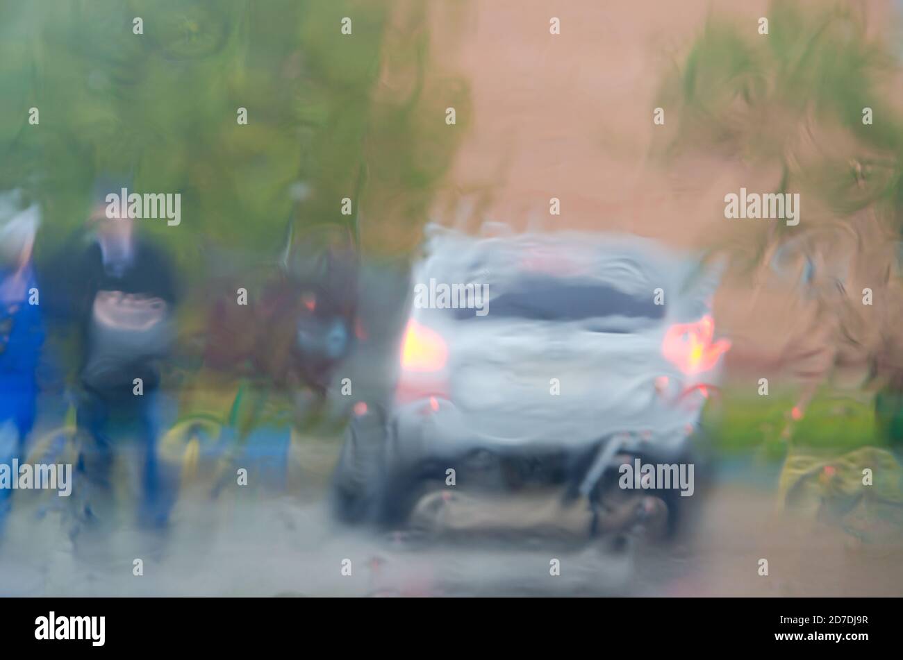 Adverse driving conditions.Heavy rain.View through car windshield Stock ...