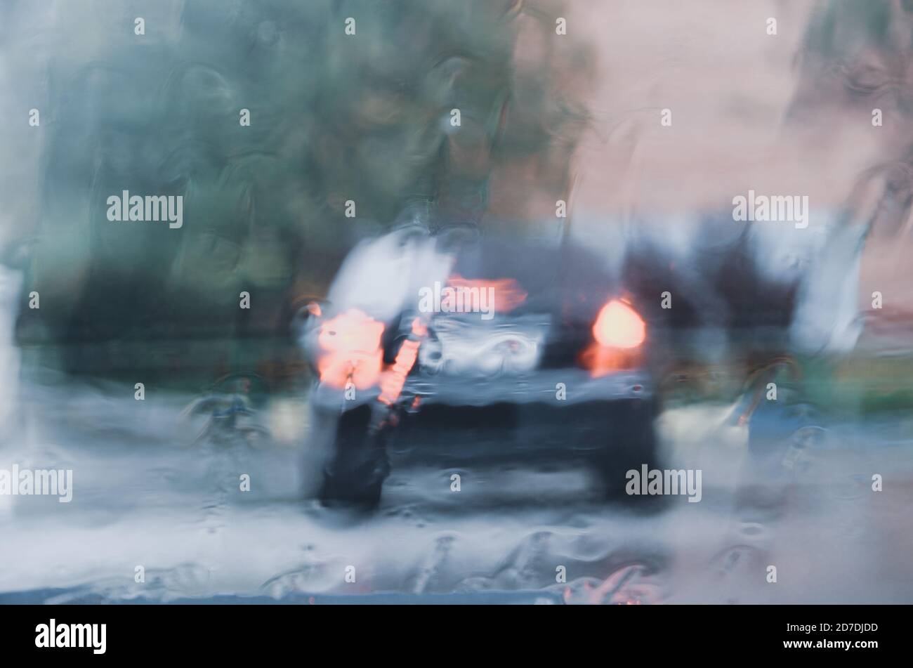 Adverse driving conditions.Heavy rain.View through car windshield Stock ...