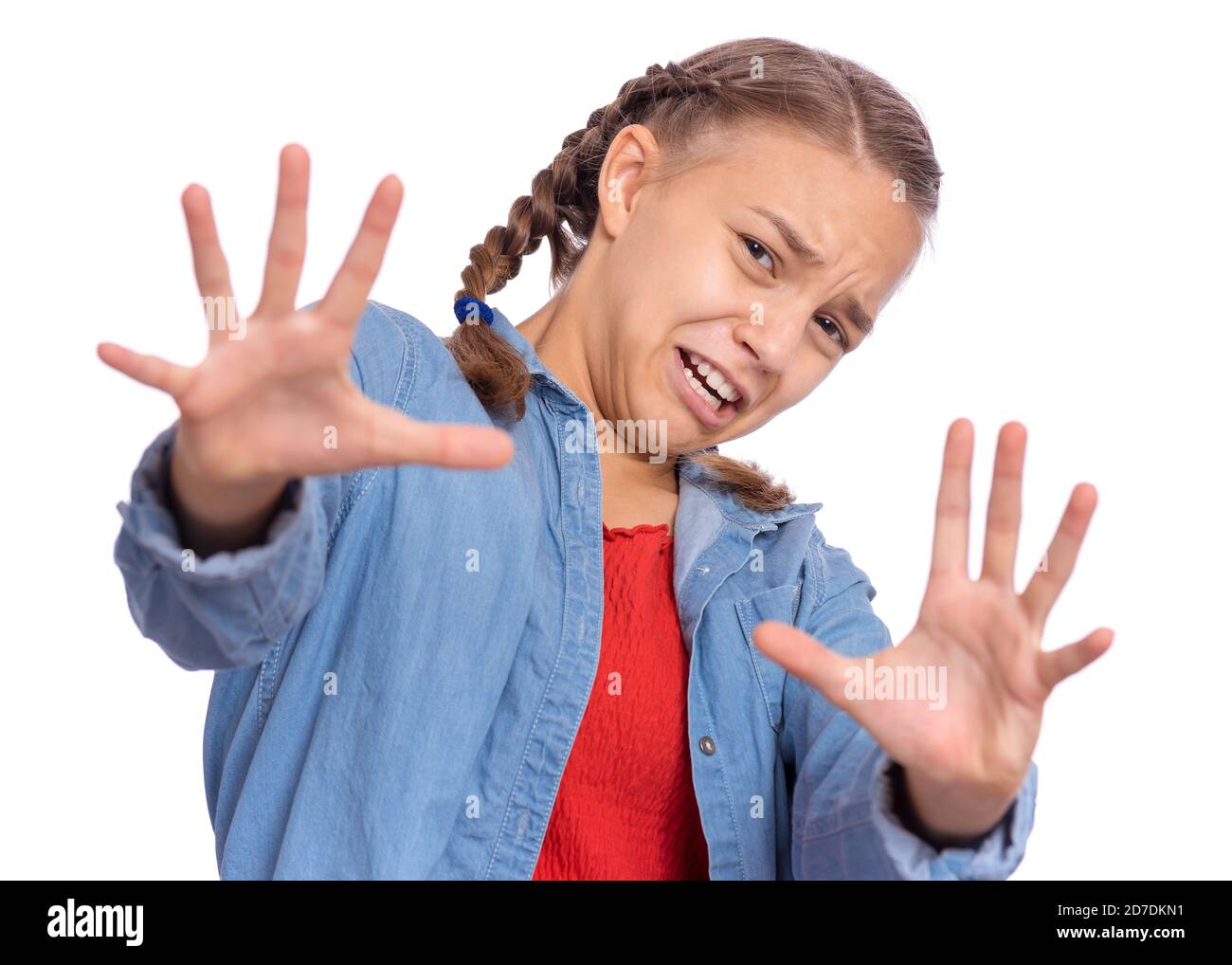 Emotional portrait of scared girl teenager, isolated on white ...