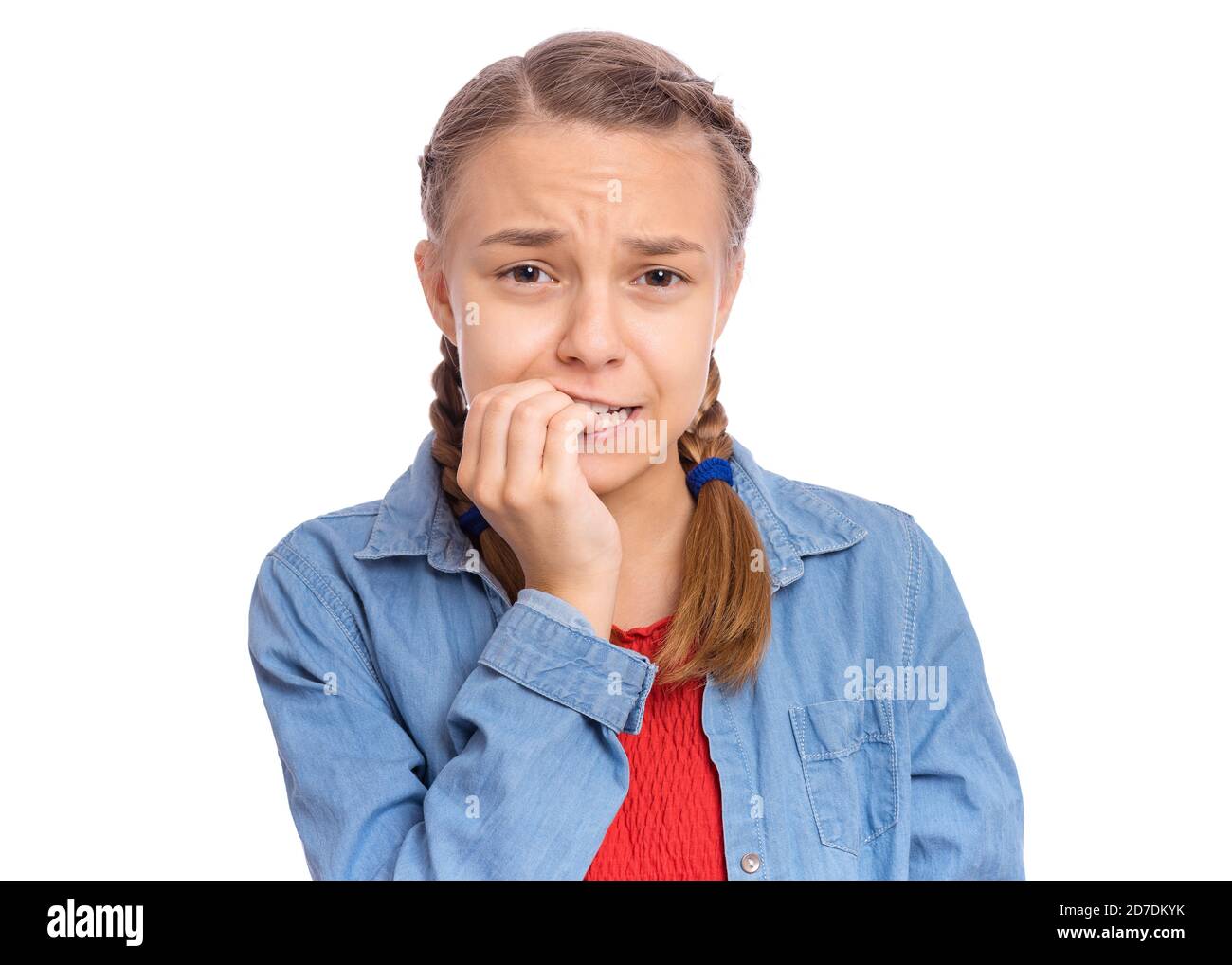 Emotional portrait of scared girl teenager, isolated on white ...