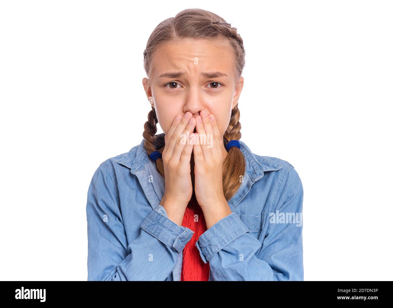 Emotional portrait of scared girl teenager, isolated on white ...