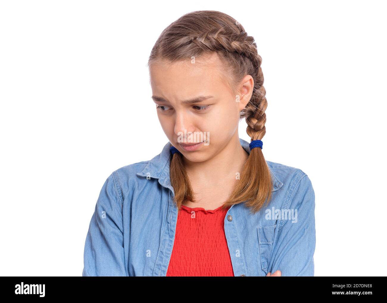 Emotional portrait of scared girl teenager, isolated on white ...