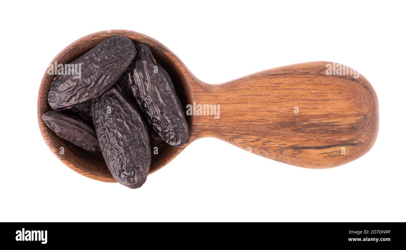 Tonka beans in wooden spoon, isolated on white background. Bean of ...