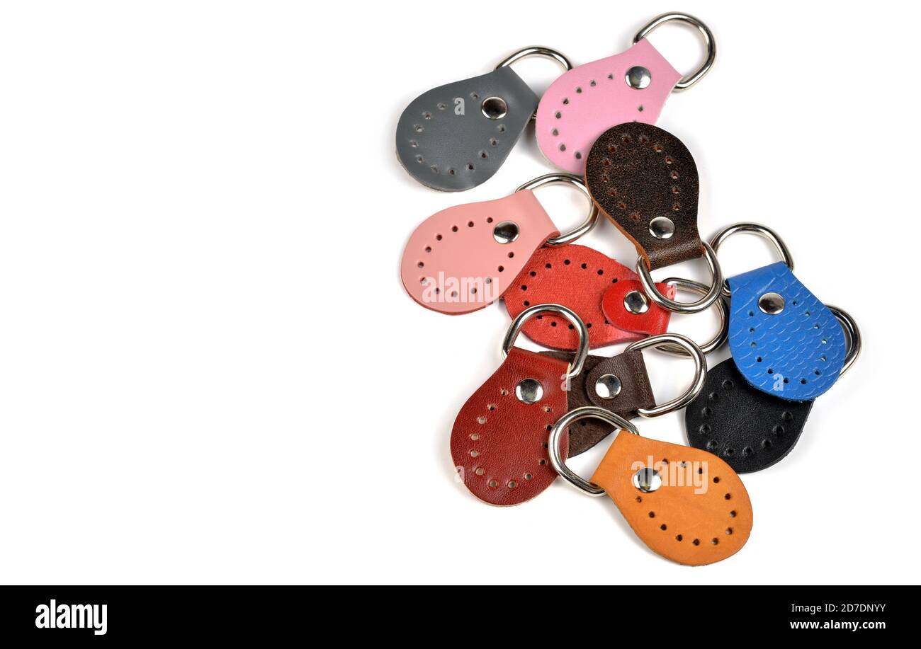 Blank round color leather key chain collection on isolated white ...