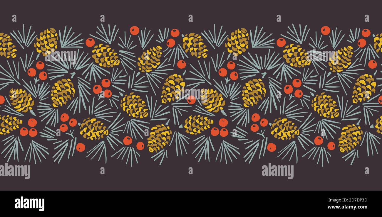 Hand Drawn Linocut Abstract Christmas Pine Cone Foliage Horizontal ...