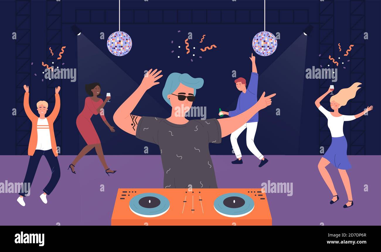 Night club musical party vector illustration. Cartoon friends people ...