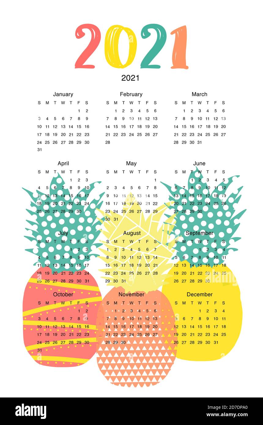 Calendar 2021 template. Wall poster vertical with abstract pineapples ...