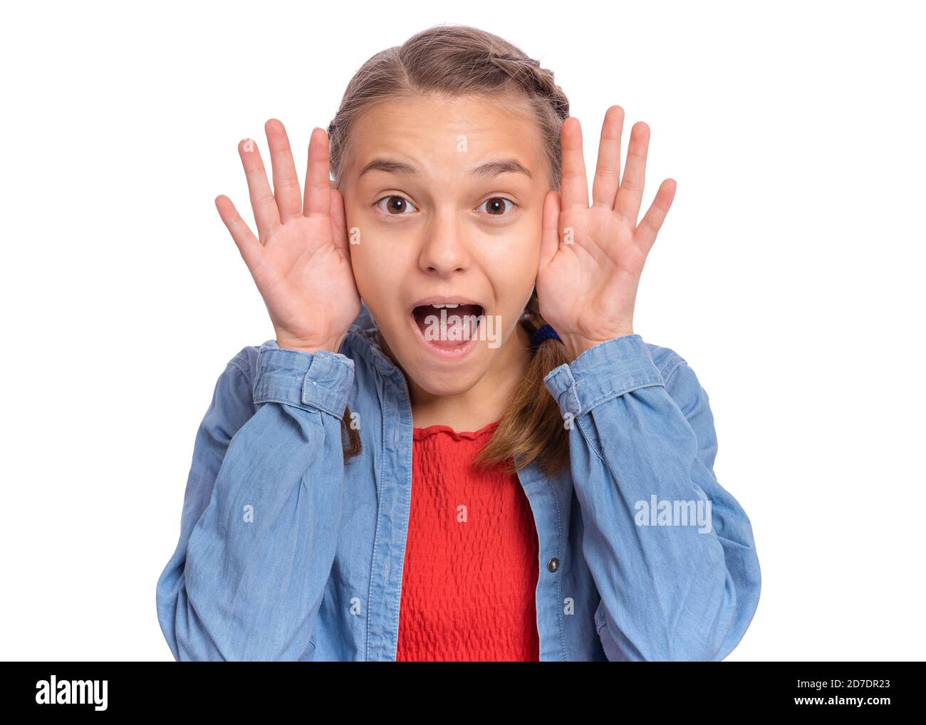 Emotional portrait of scared girl teenager, isolated on white ...