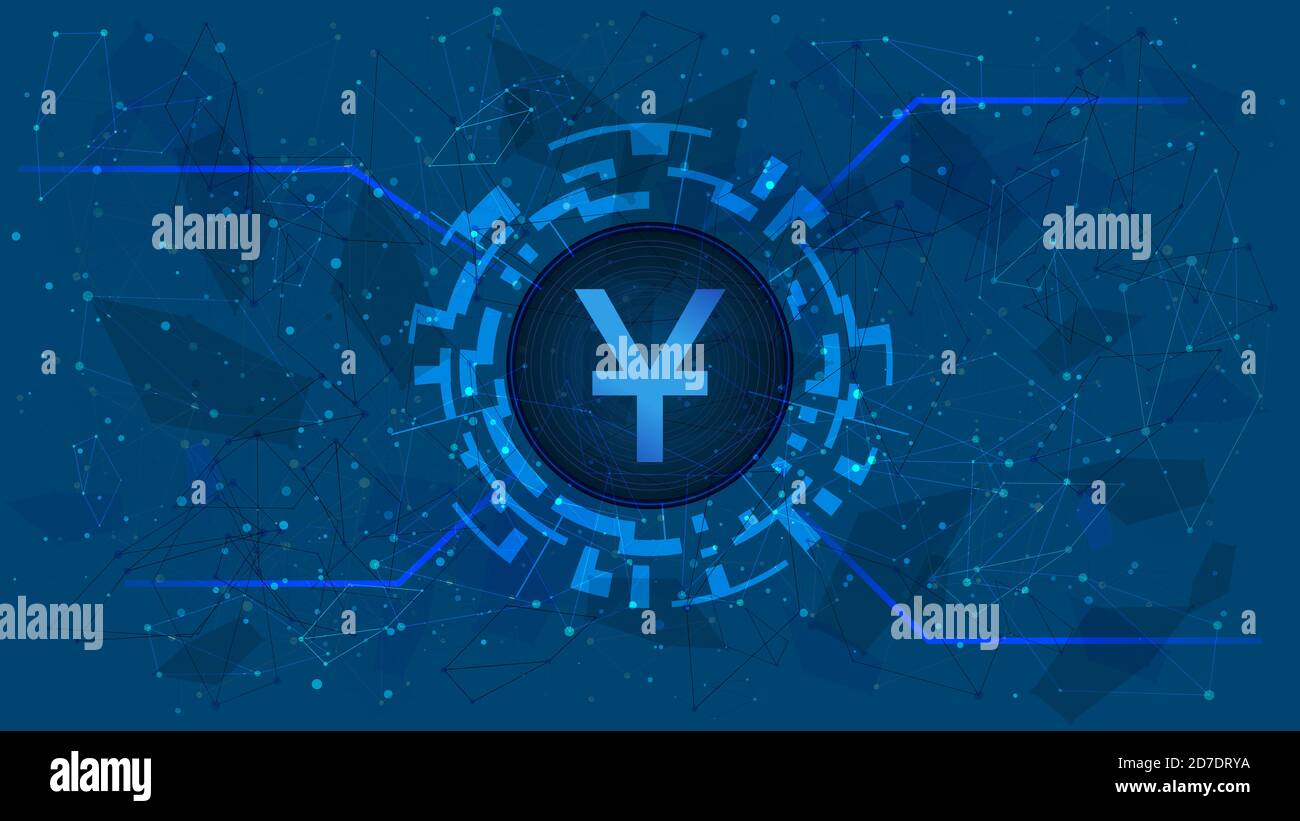 Yuan CNY coin symbol in circle with digital theme on blue background ...