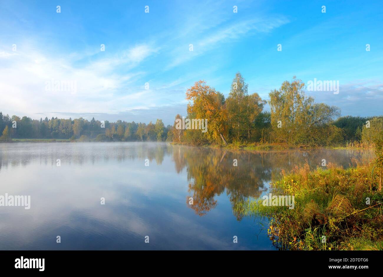 Sunny autumn landscape with trees and calm lake during sunrise Stock ...