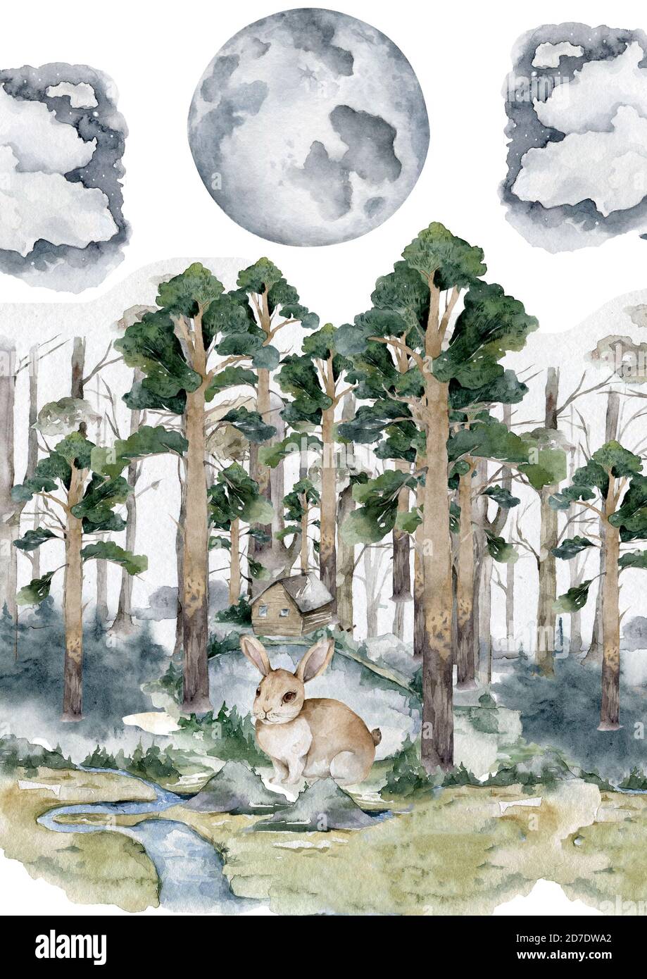 Hand drawn watercolor in the forest with tree camping design isolated ...