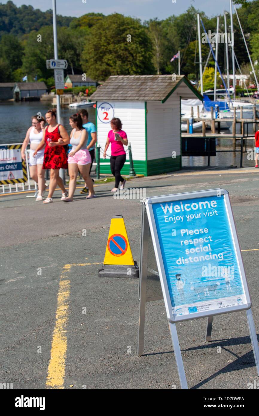 Social distancing signs at Waterhead in Ambleside, Lake District, UK ...
